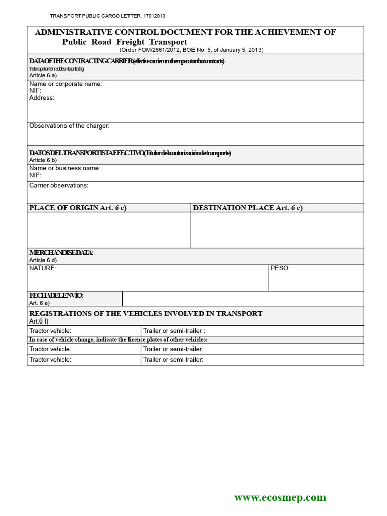 Public Cargo Transport Document Template | PDF