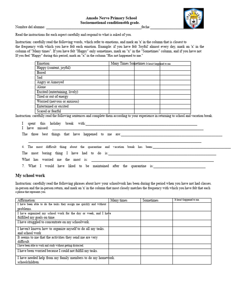 Social-Emotional Assessment Sixth Grade | PDF | Emotions ...