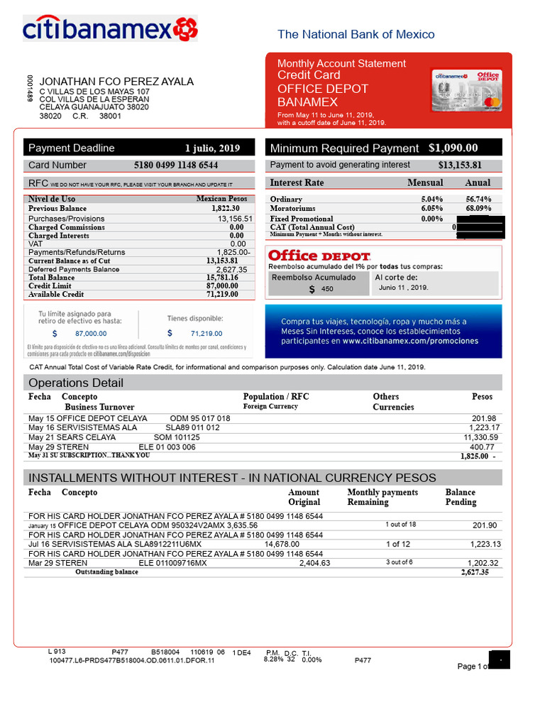 Banamex Credit Card Statement Summary | PDF | Interest | Trade