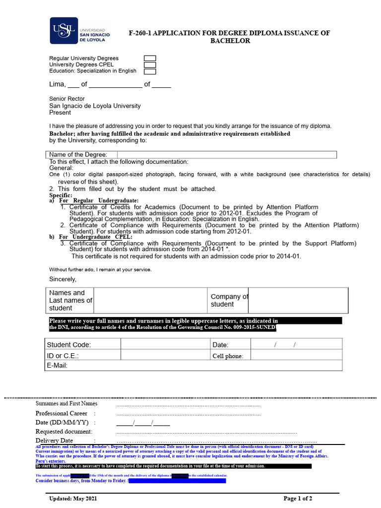 F-260-1 Application for Issuance of Bachelor's Degree Diploma May 2021 ...