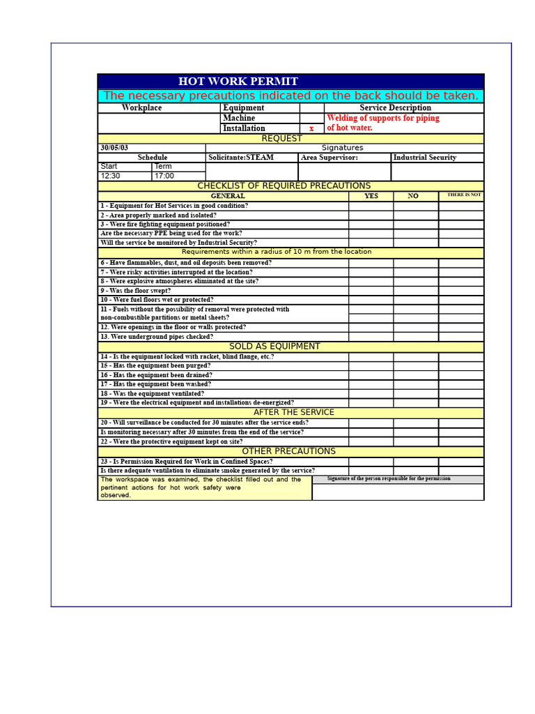 Hot Work Permit Safety Checklist | PDF | Welding | Construction