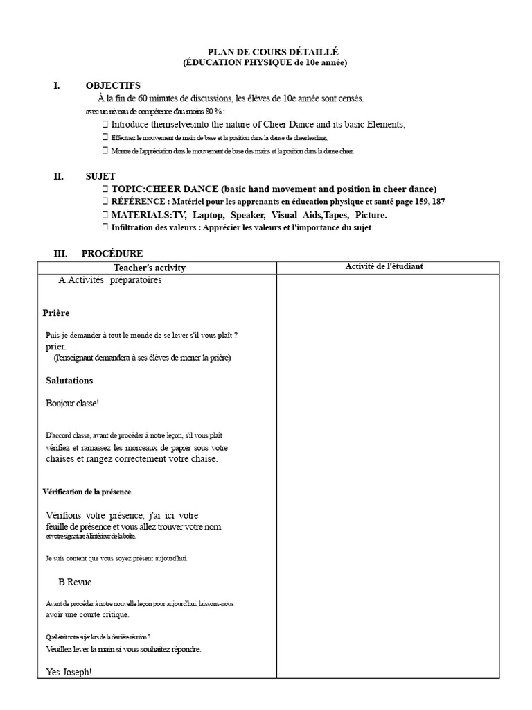 Plan de cours : danse cheer 10e année | PDF | Arts du spectacle | Loisir