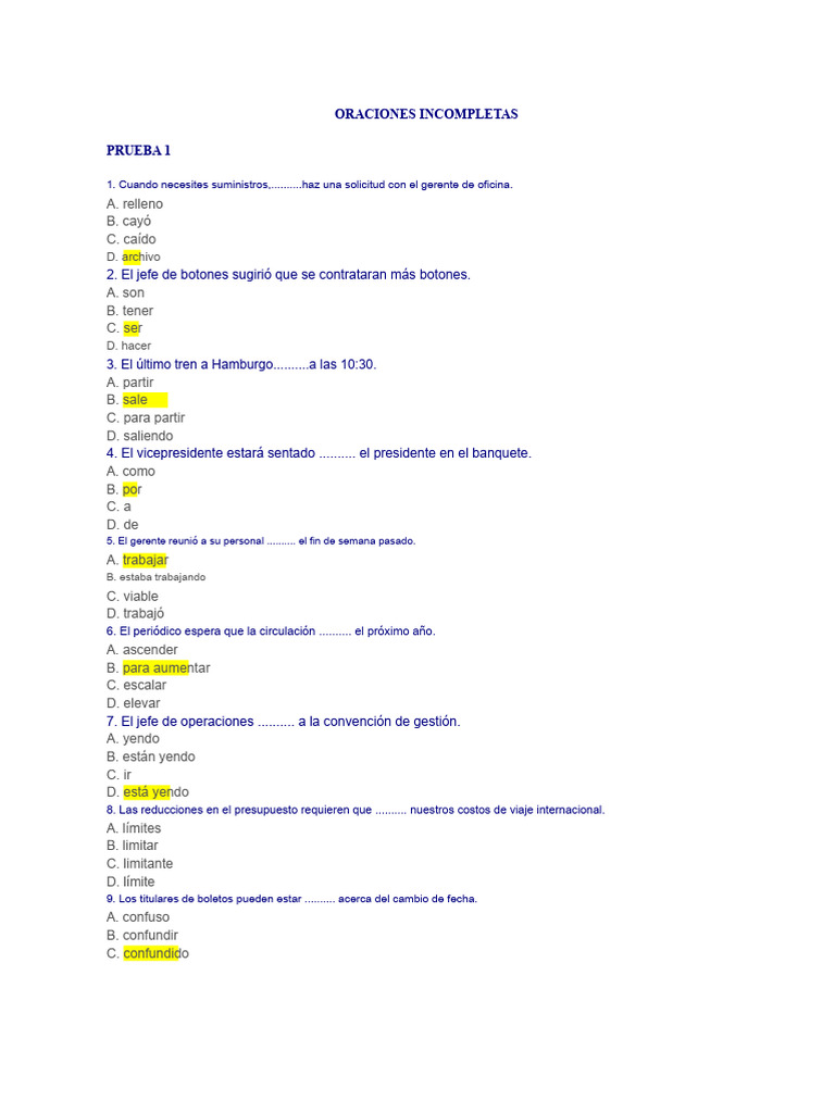 Ejercicios de Oraciones Incompletas en Español | PDF
