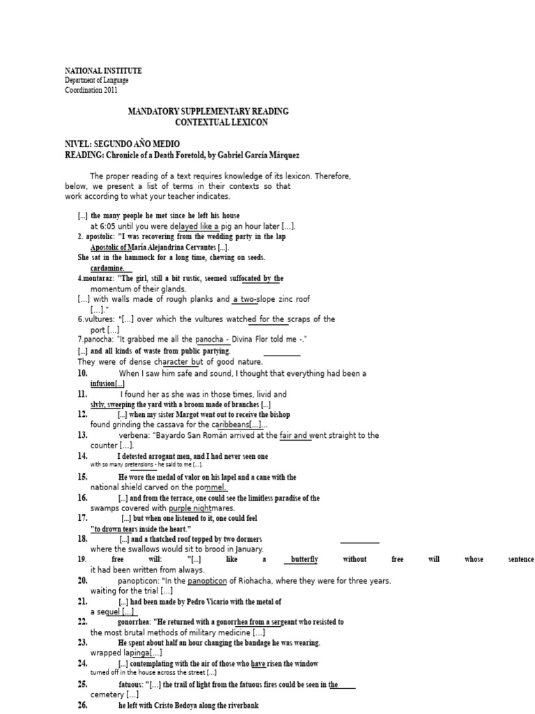 Contextual Lexicon "Chronicle of A Death Foretold" | PDF