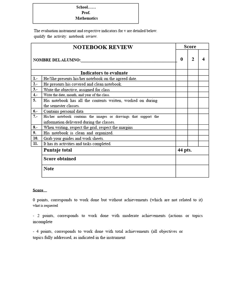 Mathematics Notebook Evaluation Criteria | PDF