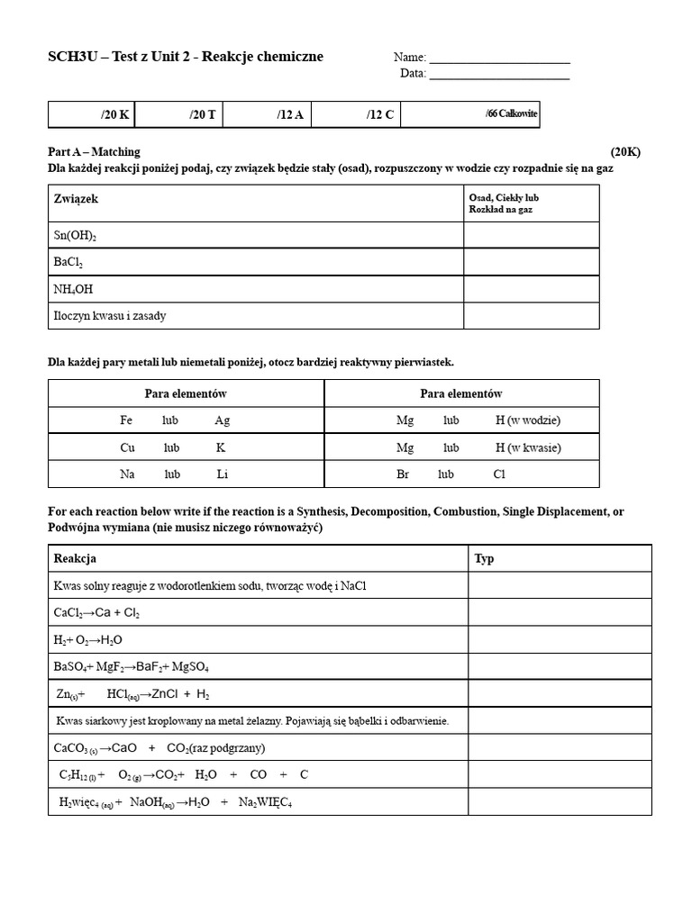 SCH3U - Test Z Jednostki 2 - Reakcje Chemiczne 2019 | PDF