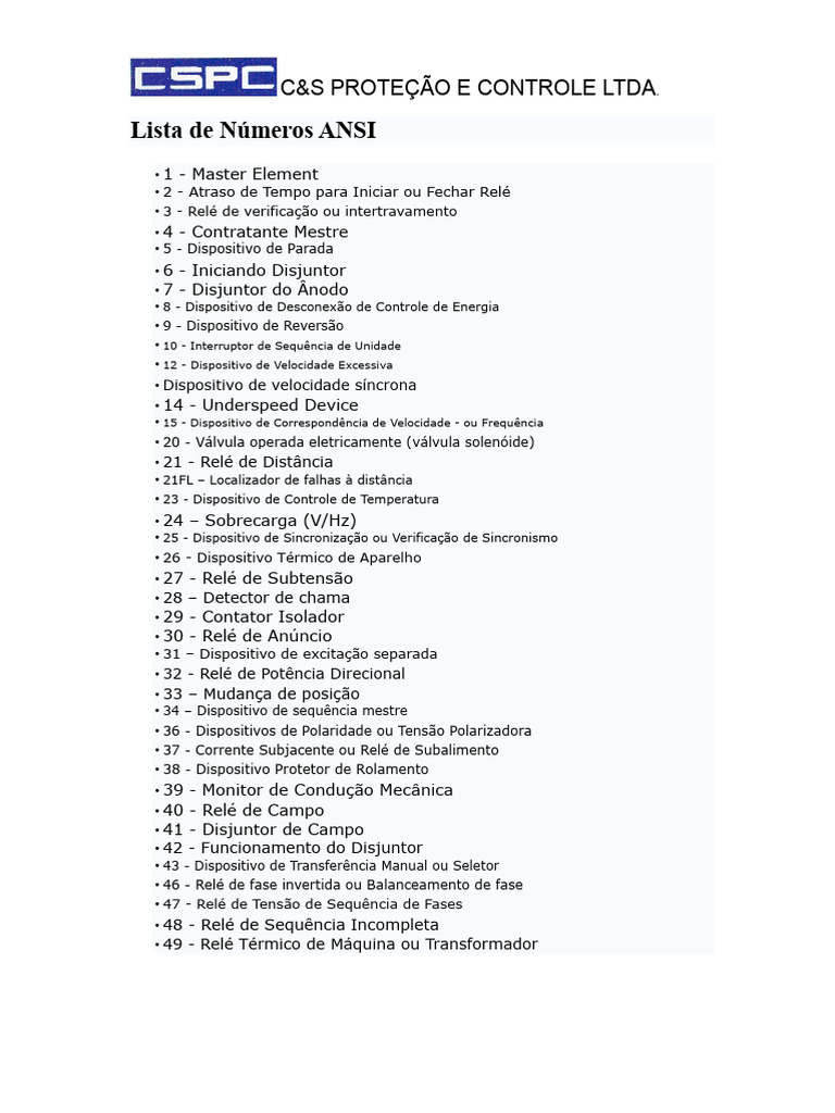 Código de Proteção Master - ANSI | PDF | Relé | Componentes elétricos