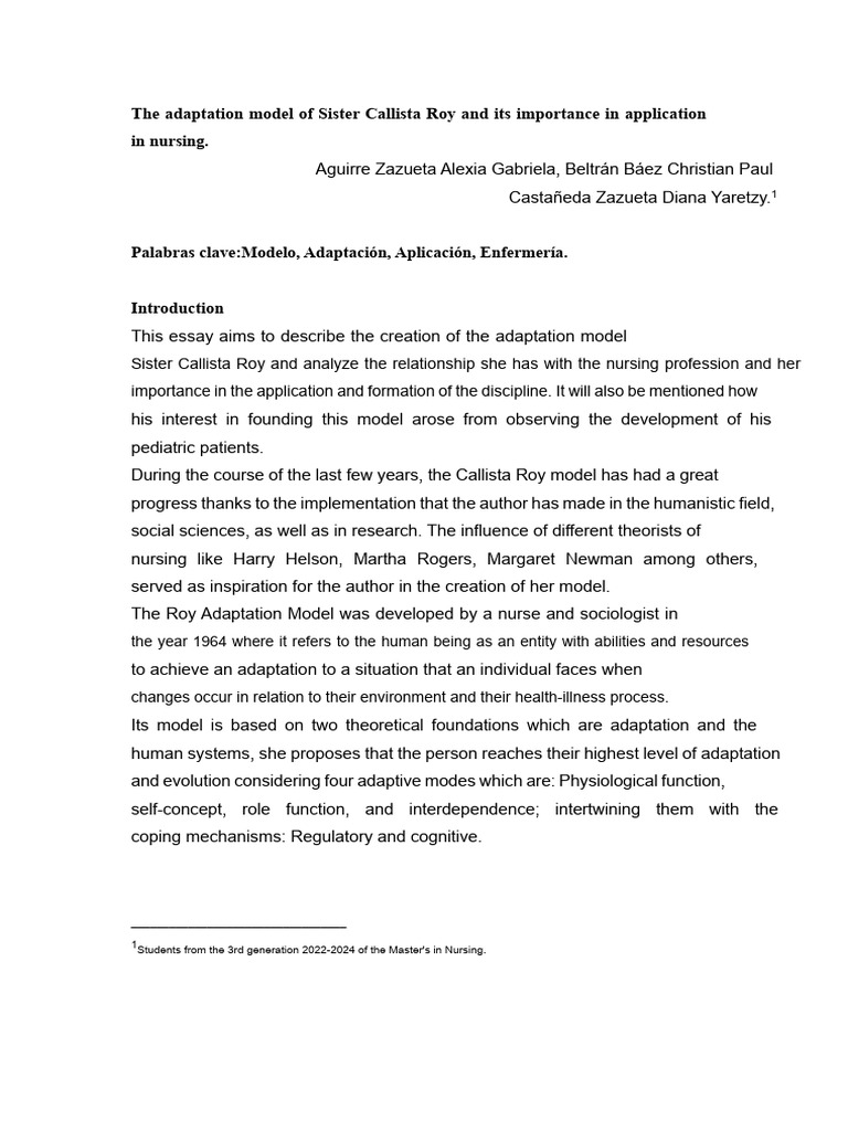 Model Essay On The Adaptation of Sister Callista Roy | PDF | System ...