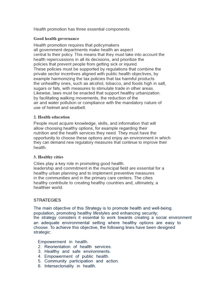 Essential Components of Health Promotion | PDF