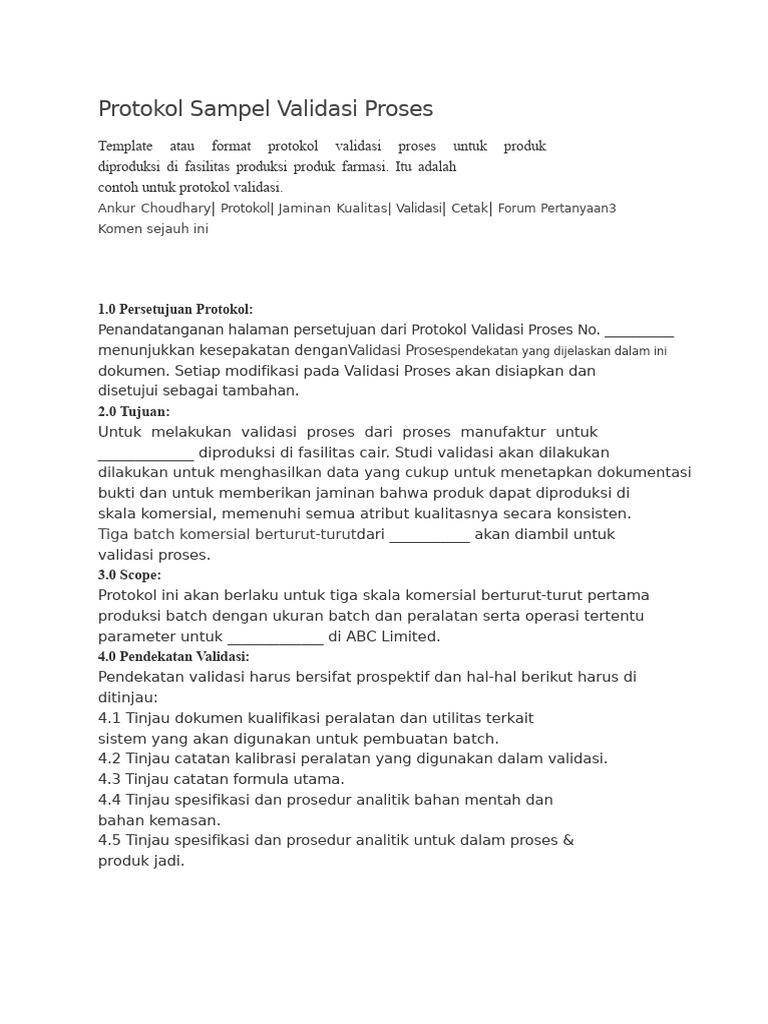 Protokol Contoh Validasi Proses | PDF