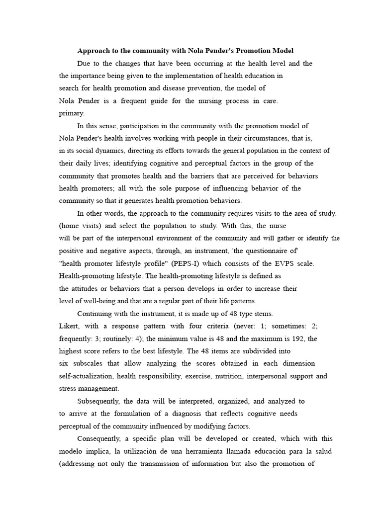 Approach To The Community With Nola Pender's Promotion Model | PDF ...