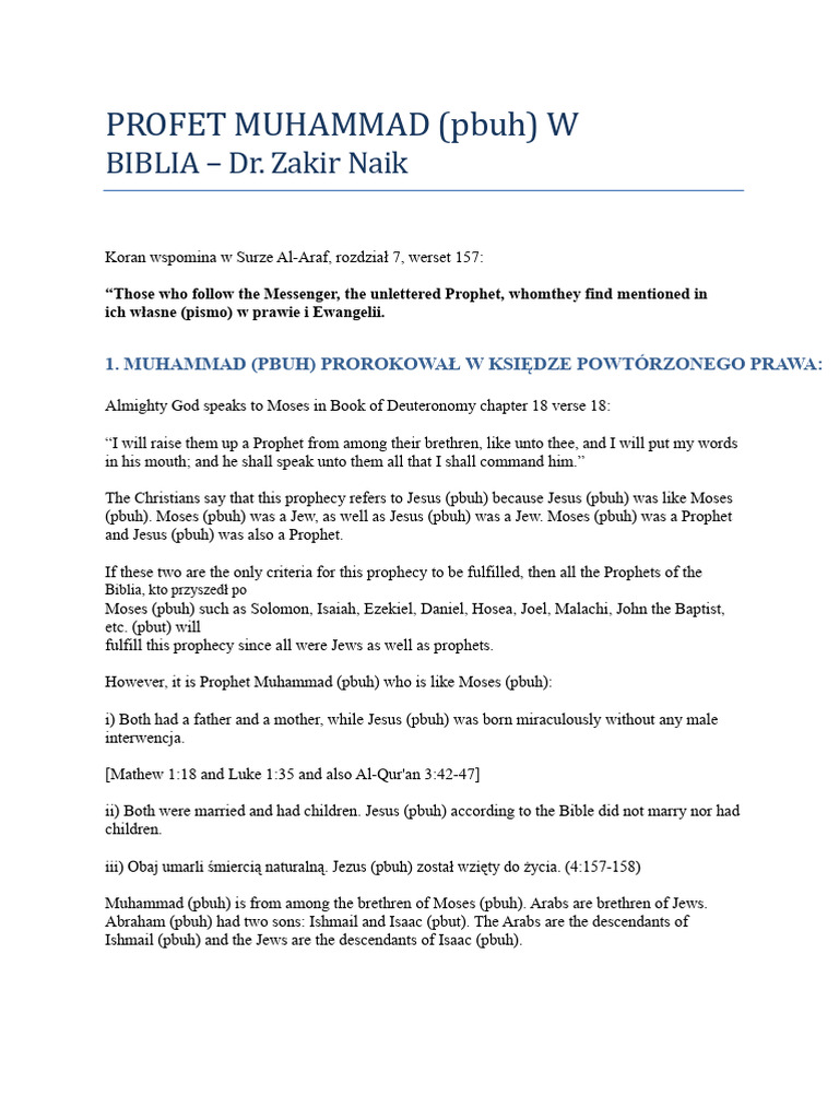 PROFET MUHAMMAD (Pbuh) W BIBLII - Dr. Zakir Naik | PDF | Prophet ...
