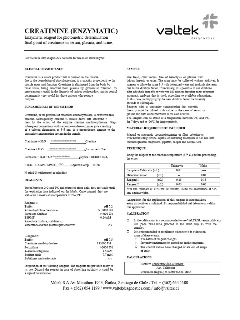 Creatinine-Enzymatic-1 Valtek | PDF | Creatinine