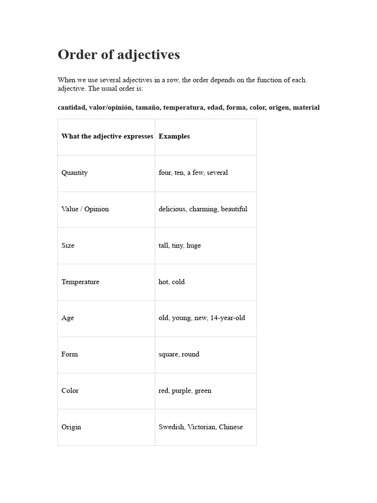 Order of adjectives | PDF | Adjective | English Language