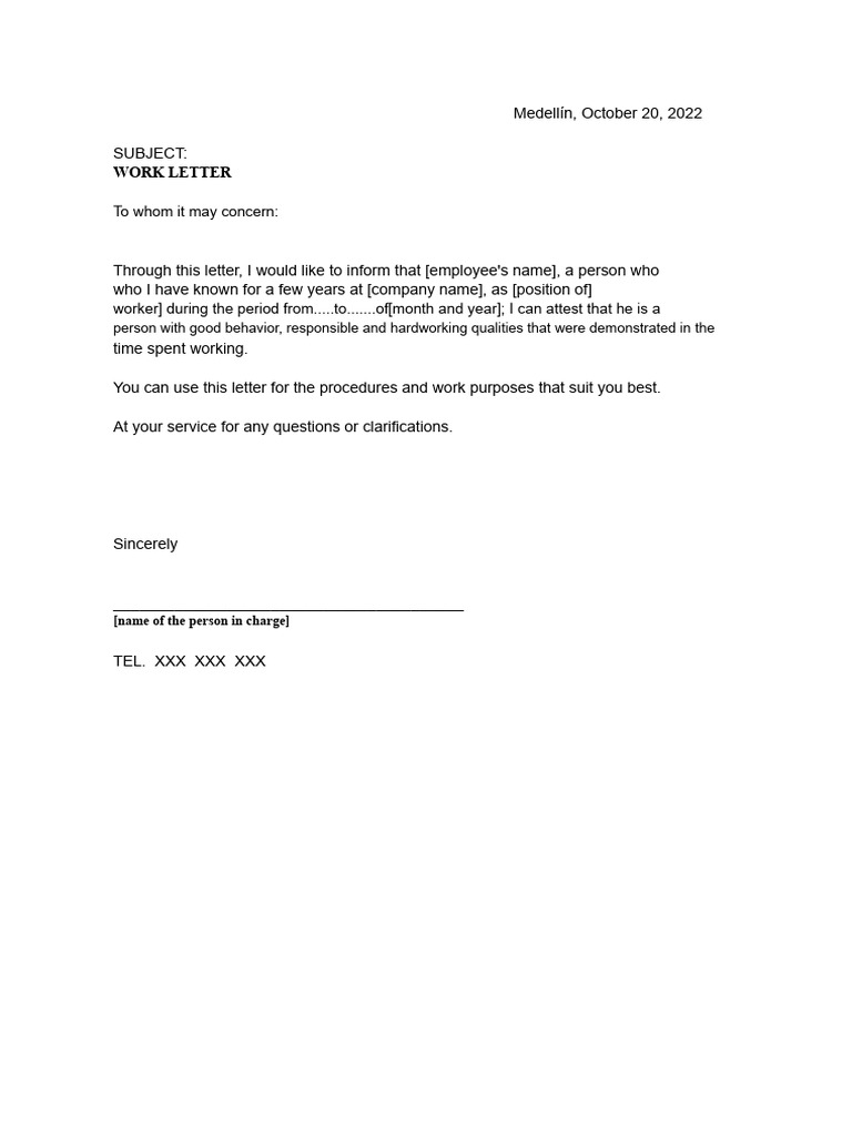 Work Letter Model 001 | PDF