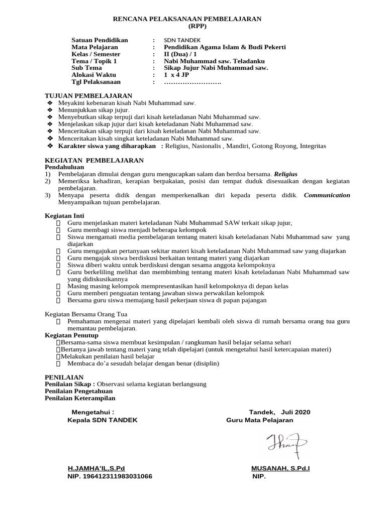 RPP 1 Lembar PAI Kelas 2 Ganjil | PDF