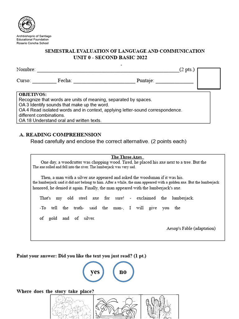 ASSESSMENT UNIT 0 - LANGUAGE 2nd GRADE 2022 | PDF | Reading ...
