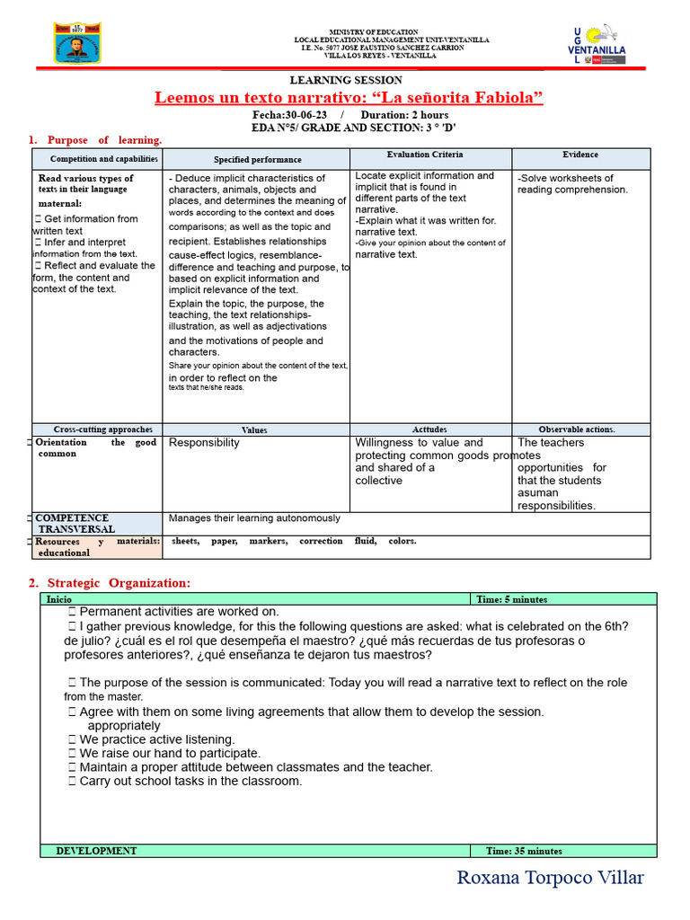 29-06-23 Reading Plan We Read A Narrative Text The Miss Fabiola | PDF | Reading Comprehension ...
