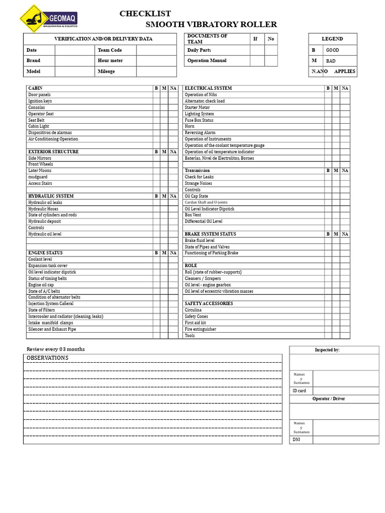 Check List - Smooth Vibrating Roller | PDF | Truck | Engines