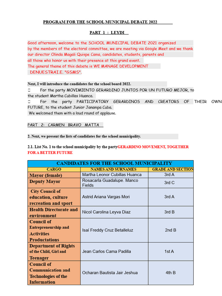 Official Program For The School Debate Municipal School | PDF | Public ...