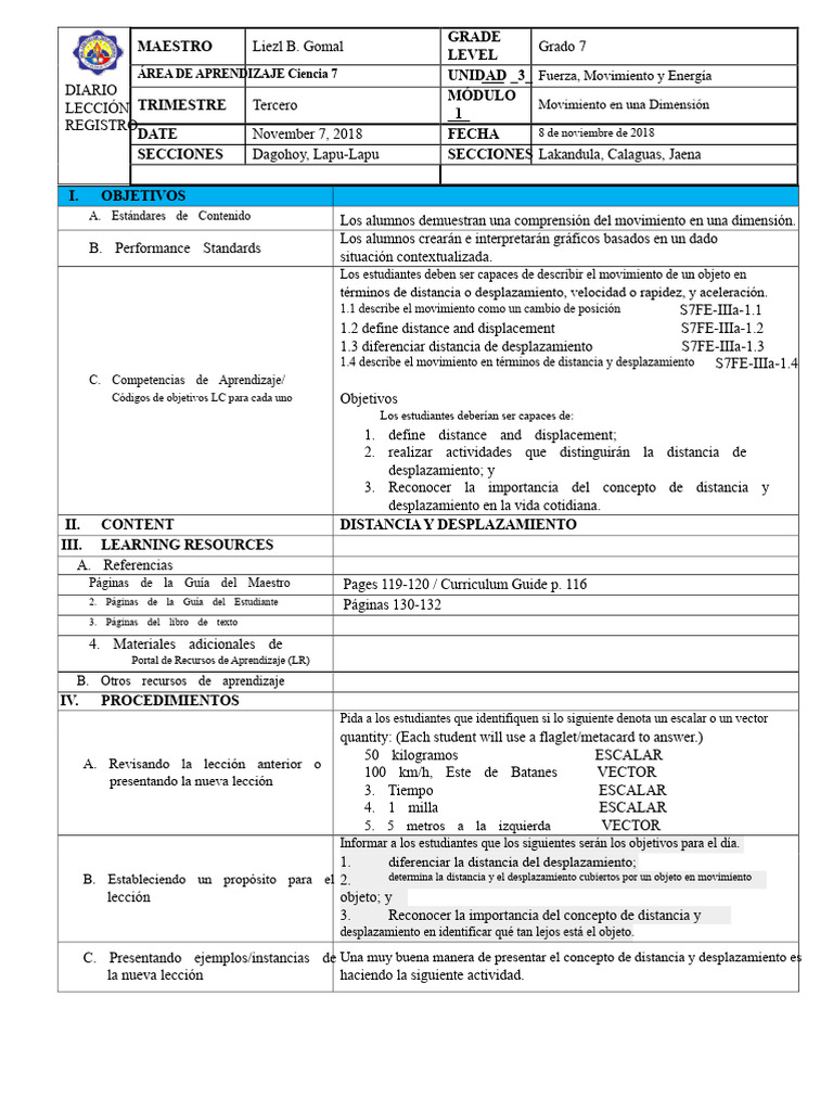 Grade Level Maestro Unidad - 3 - Módulo - 1 - Trimestre Date Fecha ...