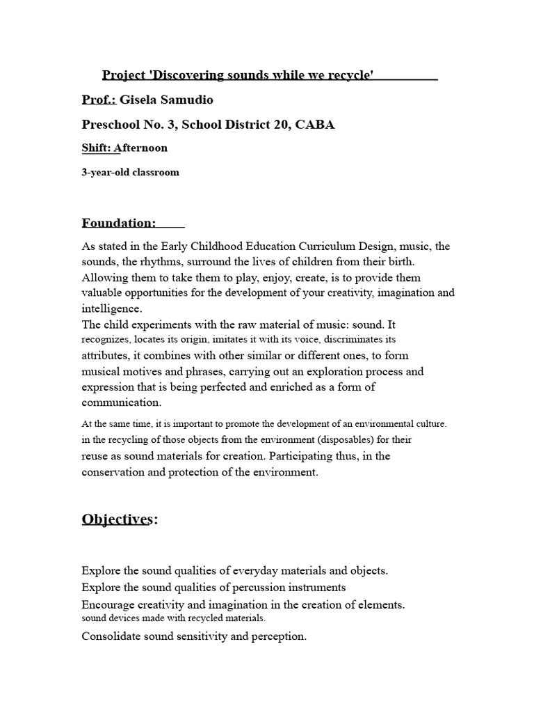 Recycling project for the 3-year-old classroom Discovering sounds garden 3 | PDF | Sound | Noise