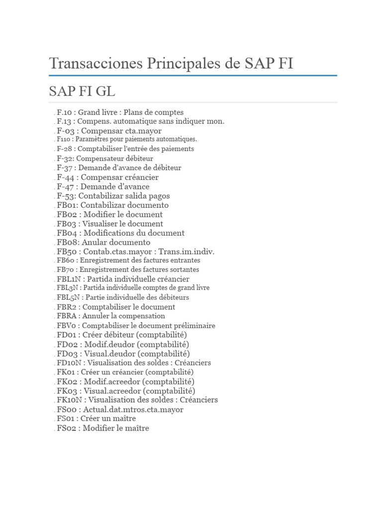 Transactions Clés SAP FI et Comptabilité | PDF | Facture | Comptabilité