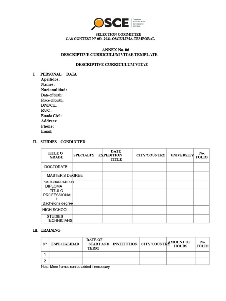 Annex No. 06 - Model of Descriptive Curriculum Vitae | PDF | Academic Degree | Educational Stages