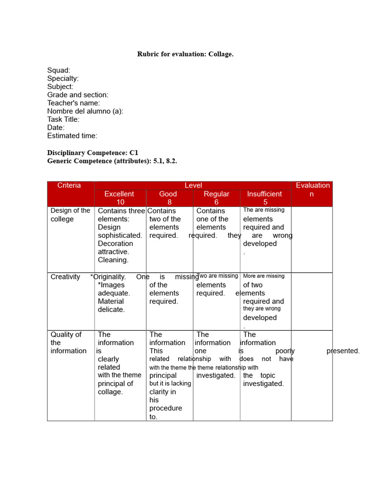 Rubric For Evaluating Collage | PDF | Rubric (Academic) | Cognition