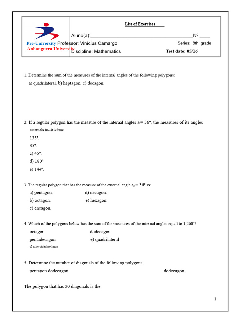8th Grade Polygon Exercises | PDF | Polygon | Geometric Shapes