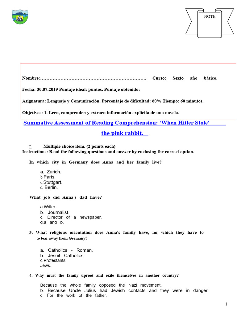 Test When Hitler Stole Pink Rabbit | PDF