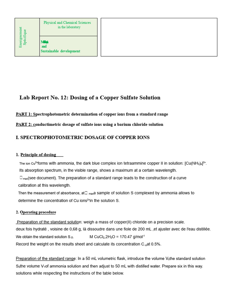 Copper Sulfate Dosage Cu Condition SO4 | PDF | Titration | Chemistry