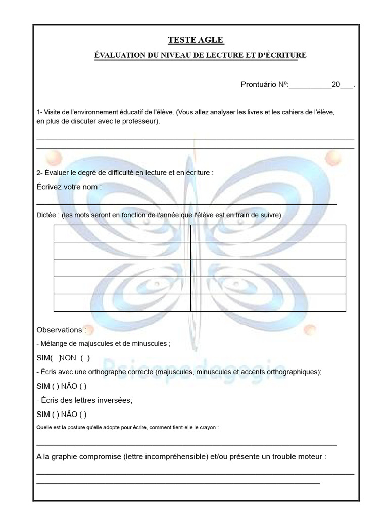 Test Agle - Évaluation Du Niveau de Lecture Et D'écriture (4) - Avec ...