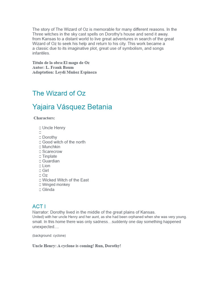 The Story of The Wizard of Oz | PDF | Dorothy Gale | The Wonderful ...