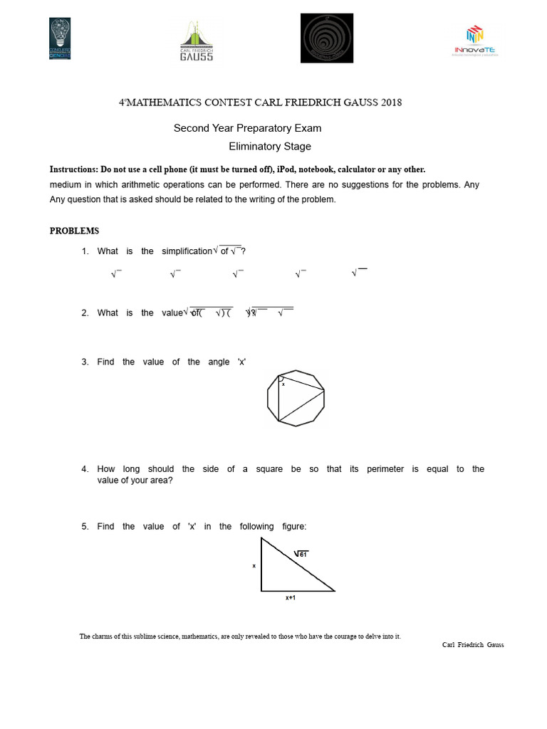 Gauss Exam High School 2 2018 | PDF | Square Root | Area