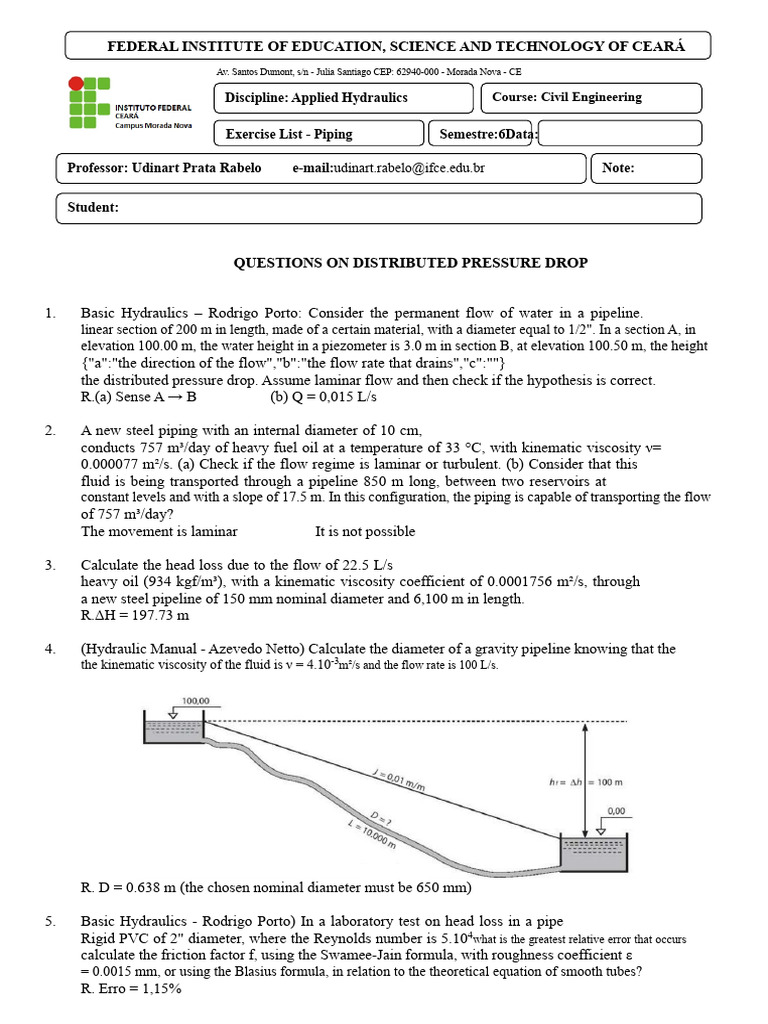 Exercise List - Steady Flow in Pipelines | PDF | Fluid Dynamics | Flow ...