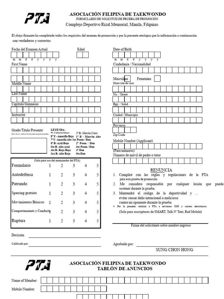 Formulario de Solicitud de Promo-Prueba de la Asociación de Taekwondo de Filipinas | PDF | Taekwondo