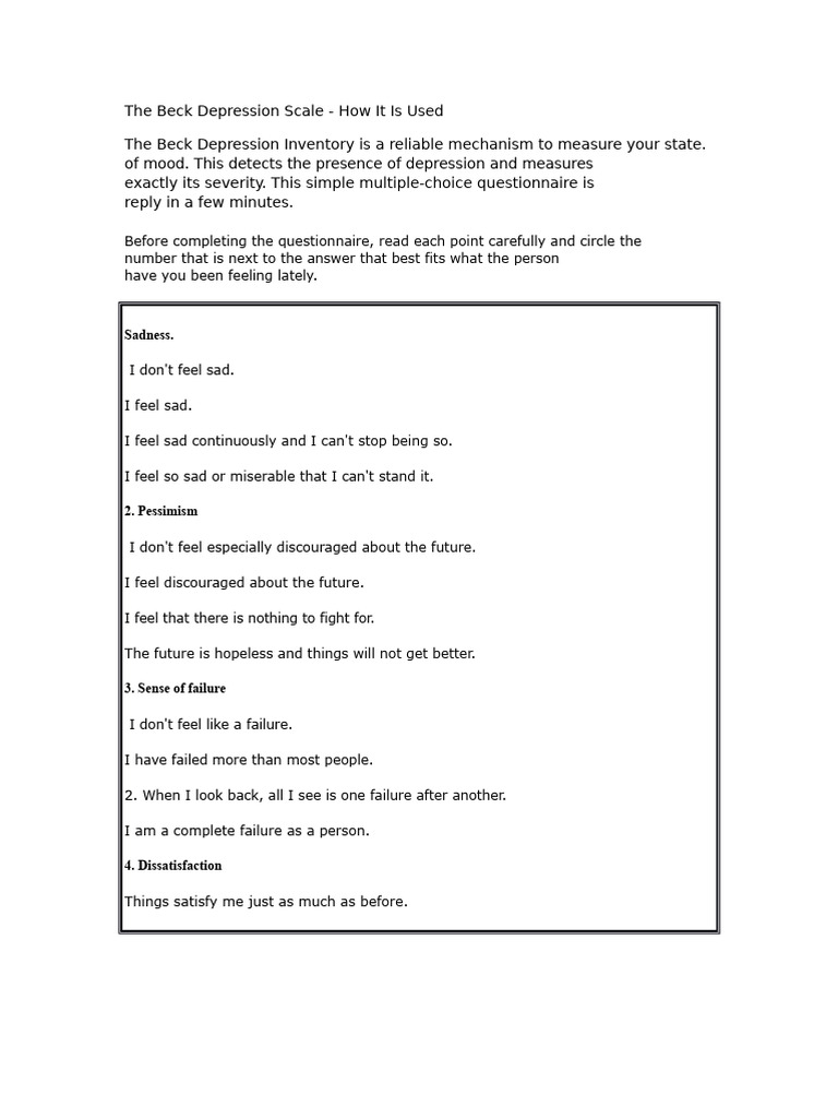 The Beck Depression Scale: What Does It Consist Of? | PDF | Major ...