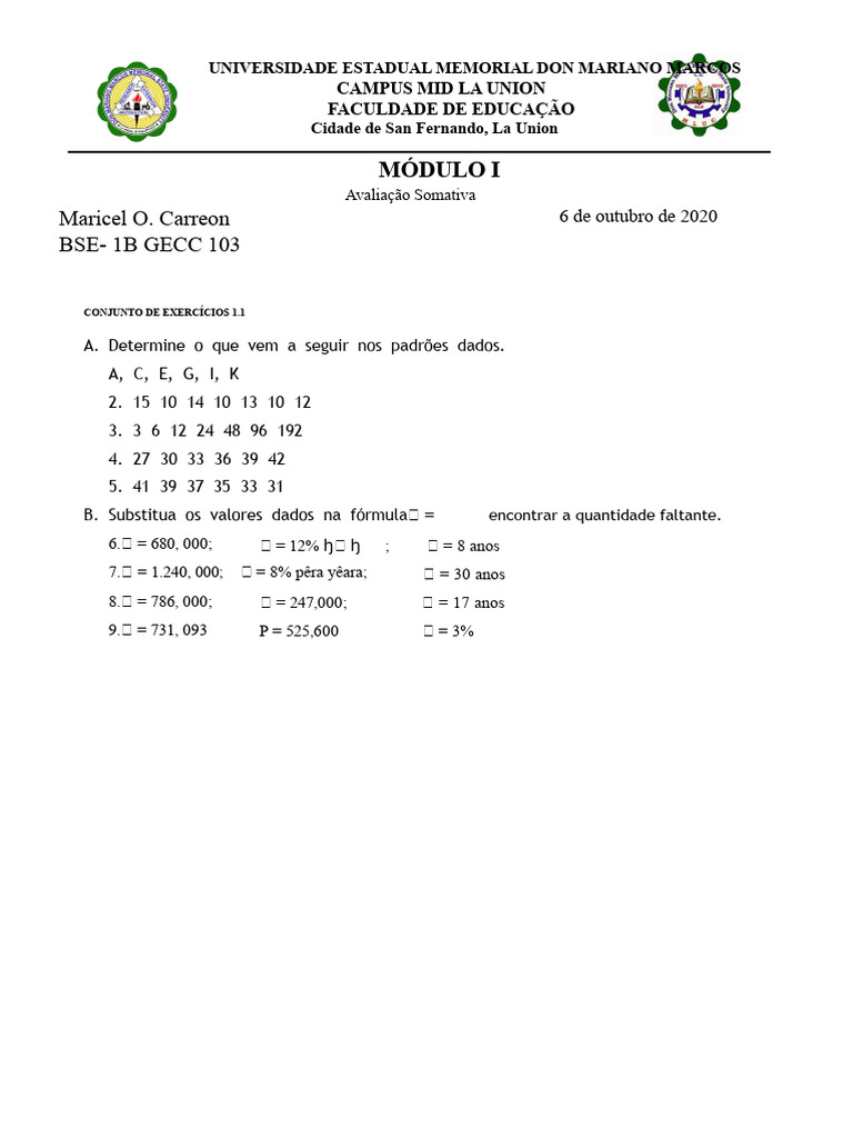 Avaliação Somativa do Módulo 1 MMW | PDF | Matemática | Aprendizado