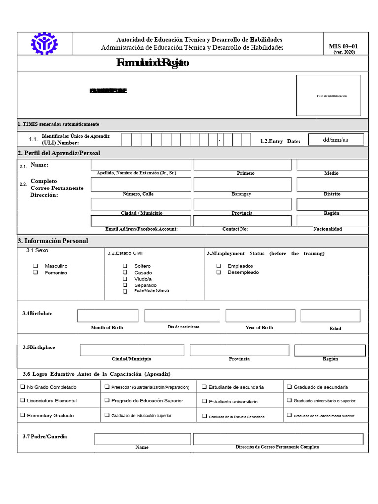 MIS0301v2020 - FORMULARIO DE PERFIL DE APRENDIZ ACTUALIZADO | PDF ...