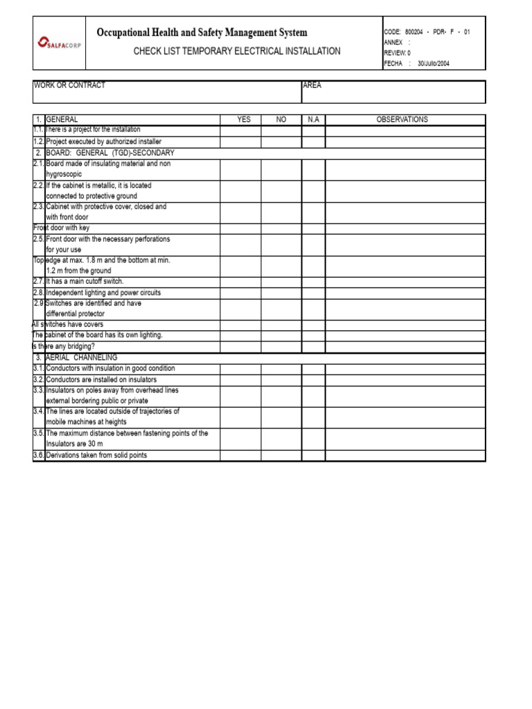 Checklist For Dashboard + Electrical Equipment + Portable Equipment ...