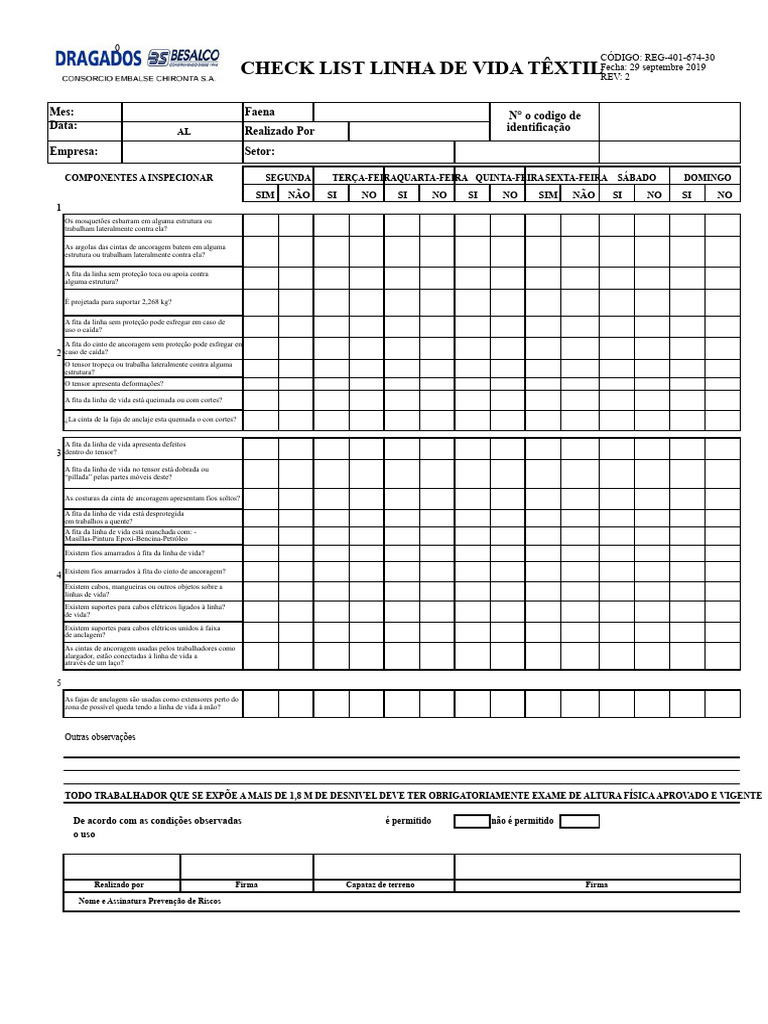Checklist de Inspeção de Linha de Vida | PDF