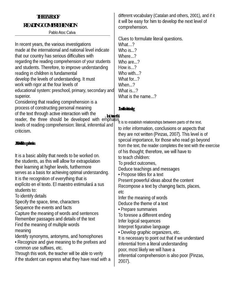 Levels of Reading Comprehension: Literal - Inferential - Critical | PDF ...