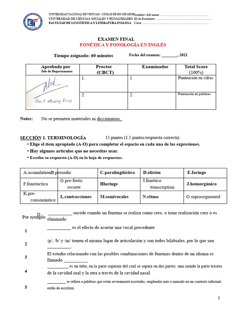Examen Final de Fonética y Fonología en Inglés (Facultad de Ciencias ...