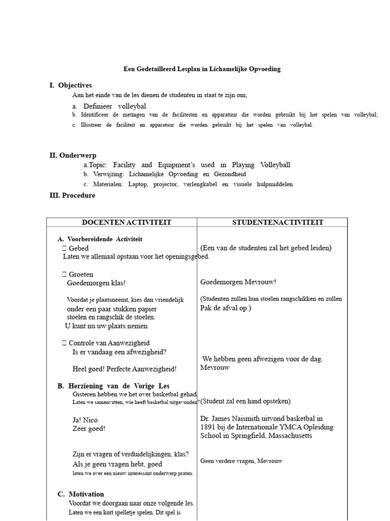 Een Gedetailleerd Lesplan in Lichamelijke Opvoeding | PDF