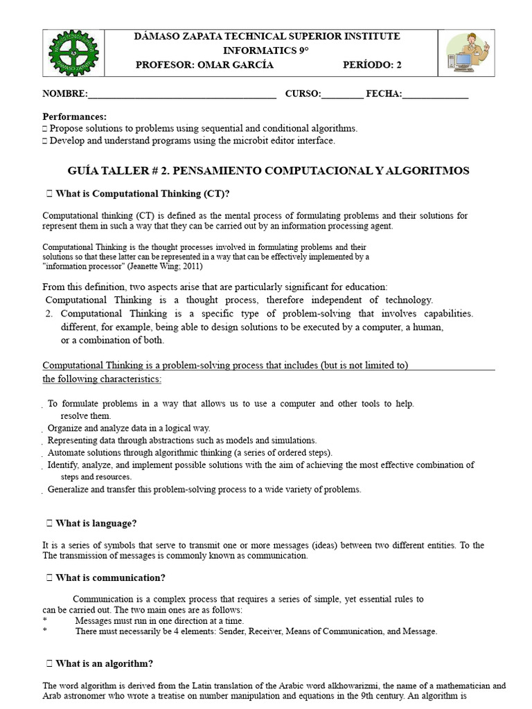 Guide Workshop No. 2 Computational Thinking - Algorithms 1 P2 Grade 9 | PDF | Algorithms | Thought
