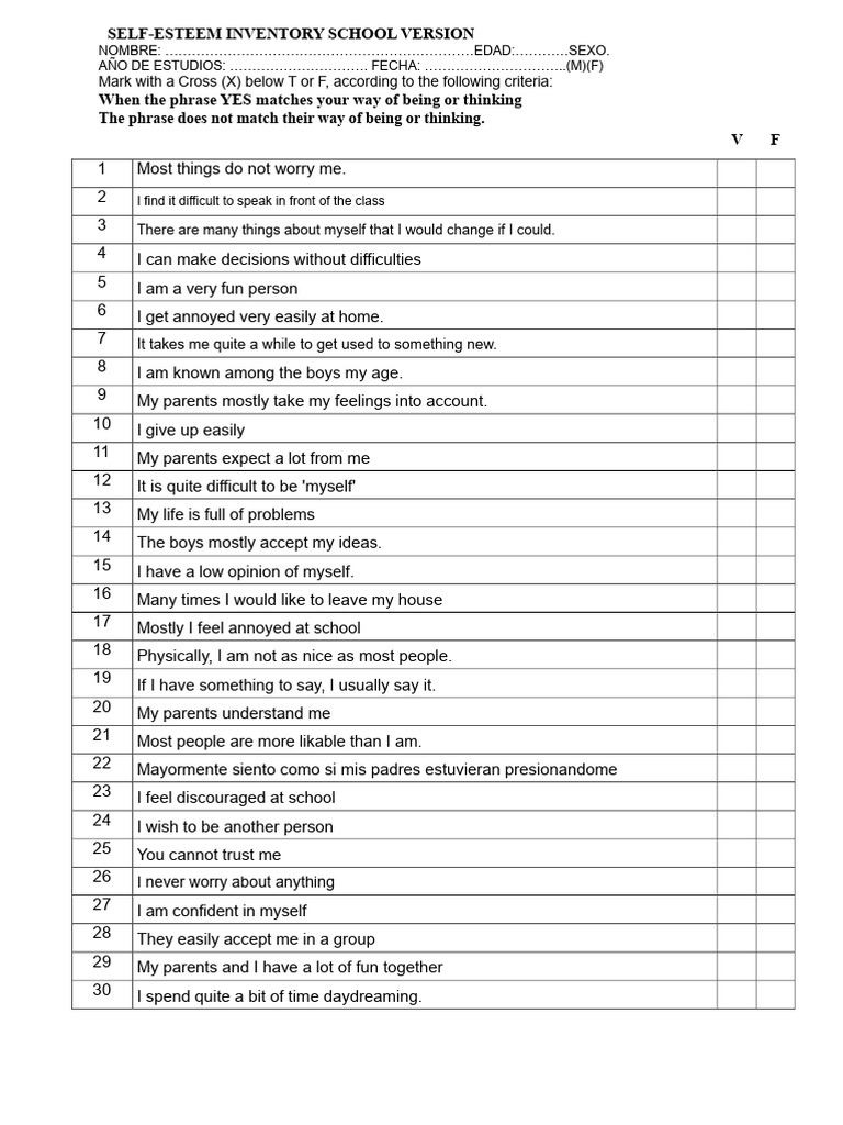 Coopersmith Self-Esteem Inventory For Children | PDF | Self Esteem