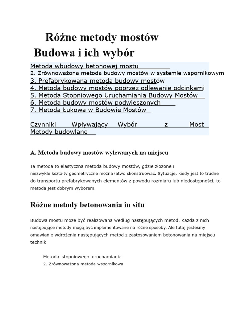 Różne metody budowy mostów i ich wybór (wydrukowane) | PDF