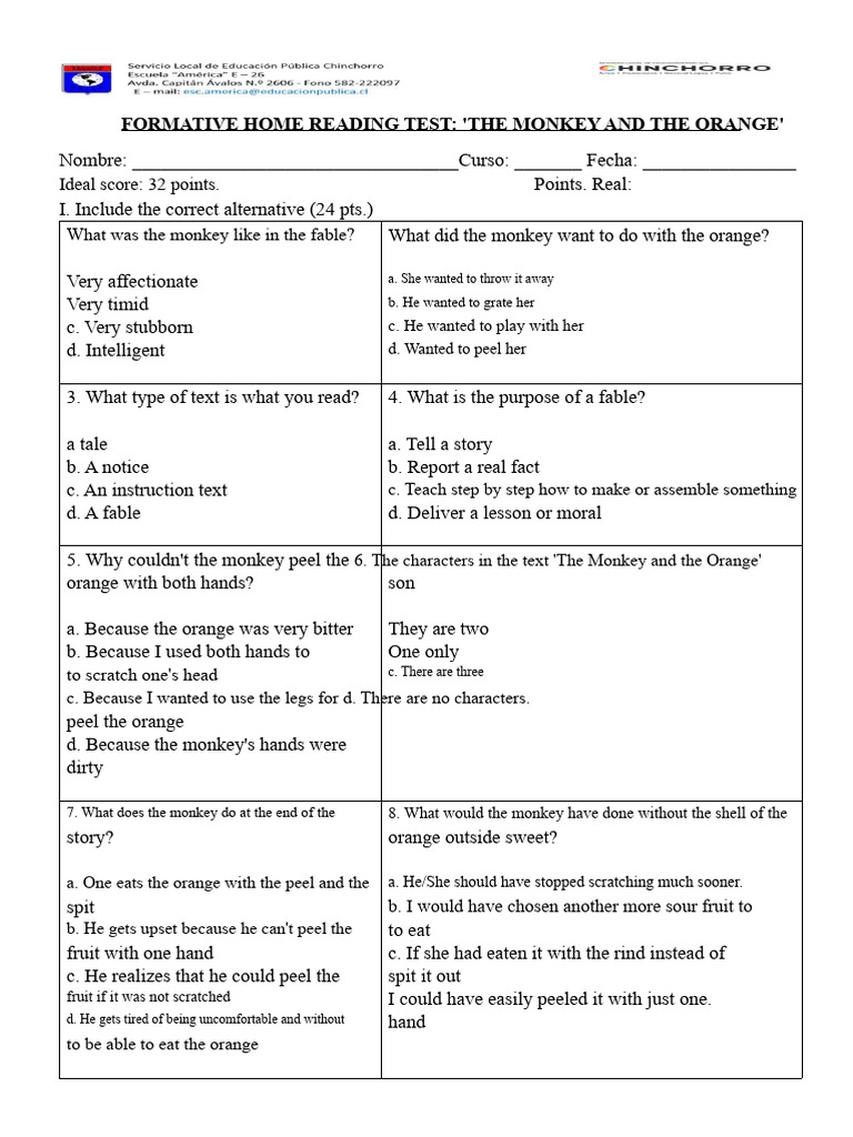 Formative Test The Monkey and The Orange | PDF | Orange (Fruit)