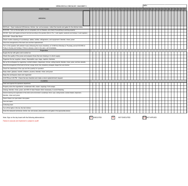 BAR OPERATIONAL CHECKLIST | PDF